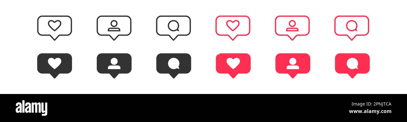 Notification icons in speech bubble. Black and red button: like ...