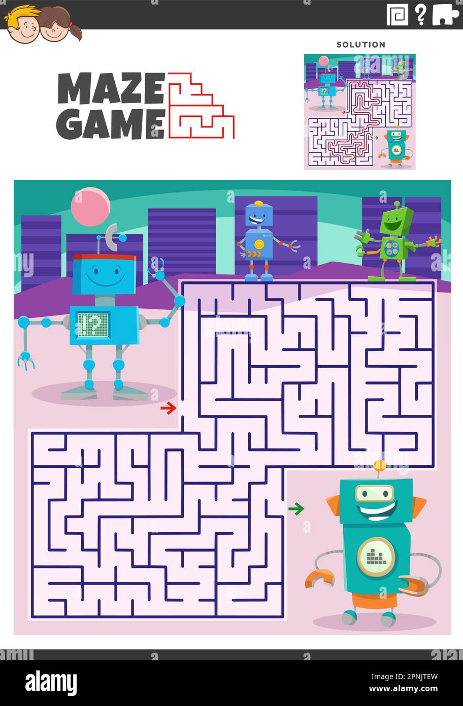 Cartoon illustration of educational maze puzzle activity for children ...