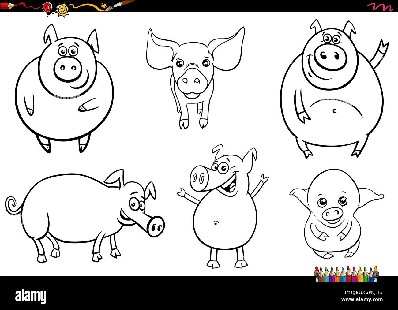 Black and white cartoon illustration of cute pigs farm animal ...