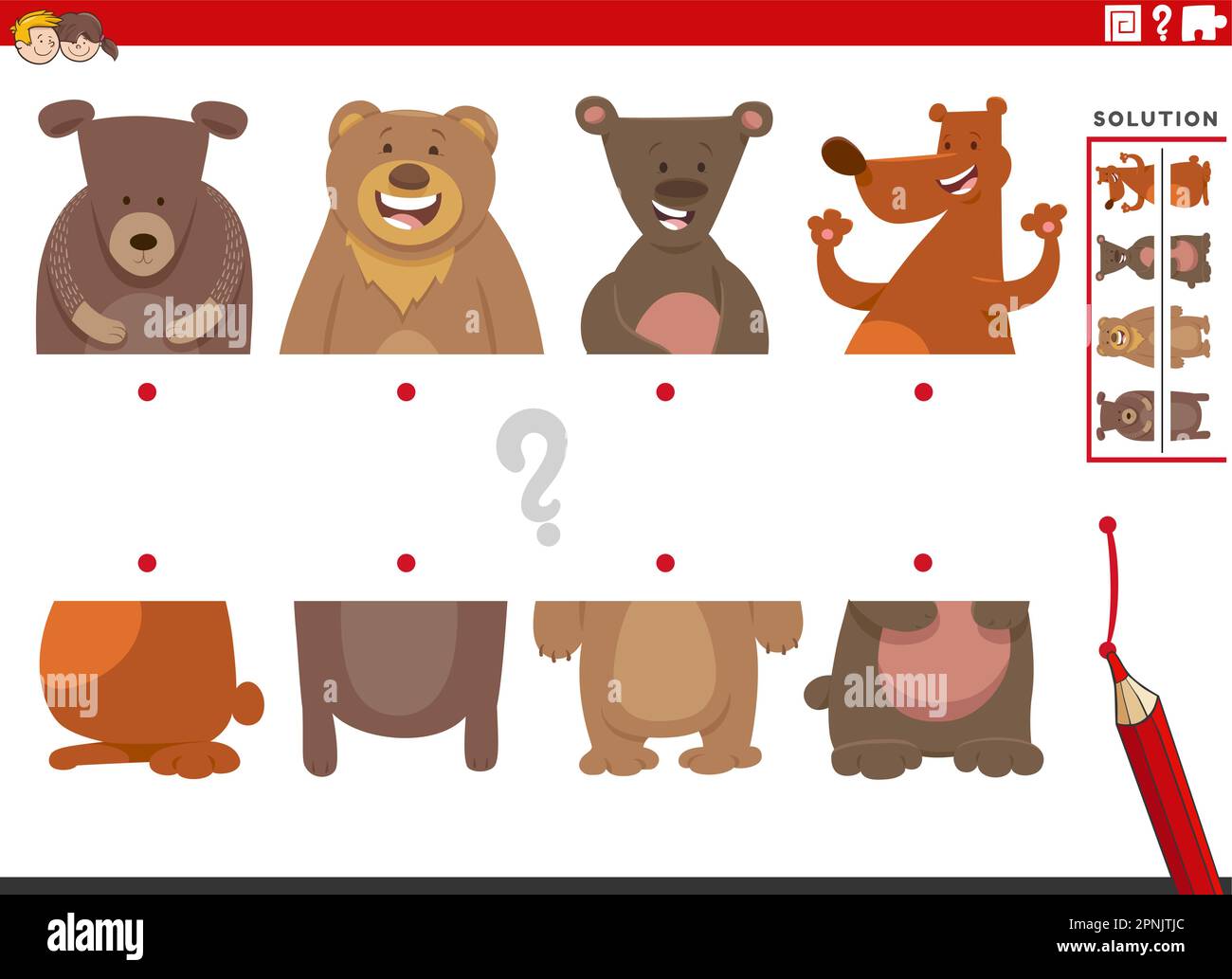 Cartoon illustration of educational game of matching halves of pictures ...