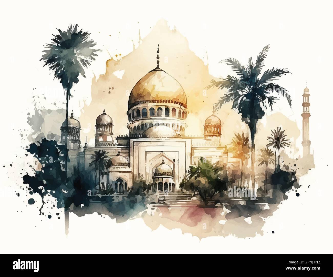 Islamic Art in Watercolor Mosques Palm trees moon Stock Vector Image ...