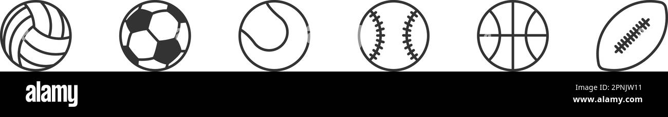 Sport ball black line icon set. Volleyball, football, tennis, baseball ...