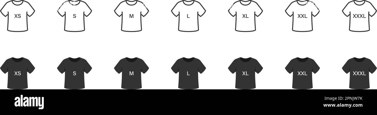 Blank T-shirt size icon set. Black line and flat style label or tag ...
