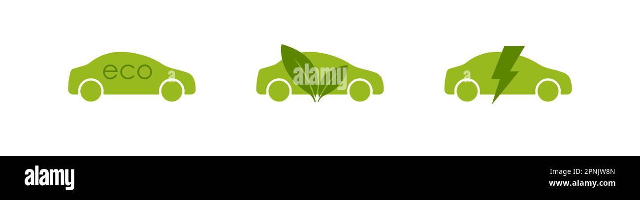 Eco Car set green icon. Hybrid electric car with leaf. Vector flat ...