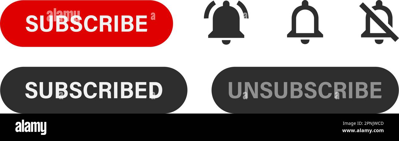 Subscribe button and notification bell alarm icons set. Red button icon flat social media ...