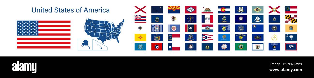 State flags of United States of America set icon and map. Regions flag ...