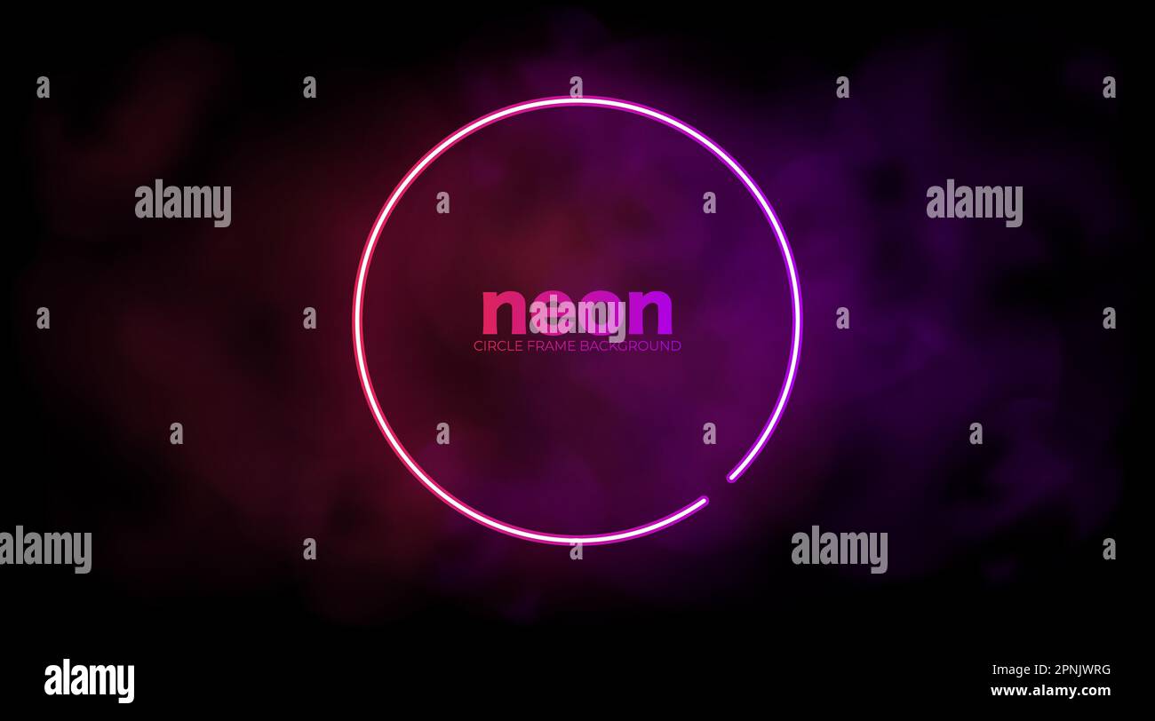 Neon circle frame purple and pink background with smoke. Round led ...