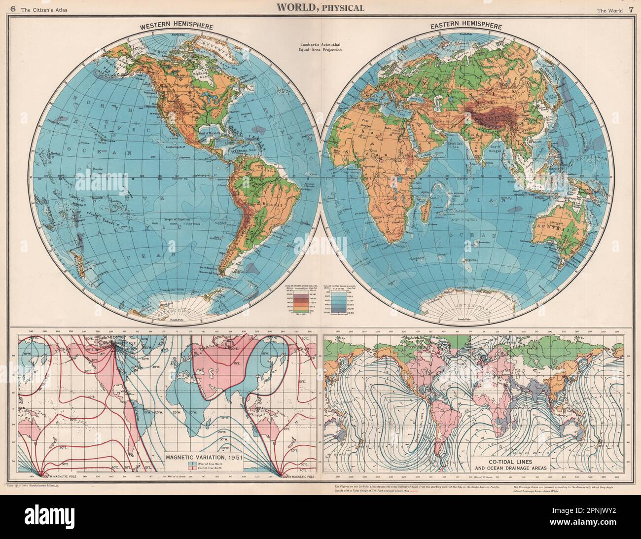 WORLD MAGNETIC VARIATION & COTIDAL LINES. Physical. Ocean Drainage ...