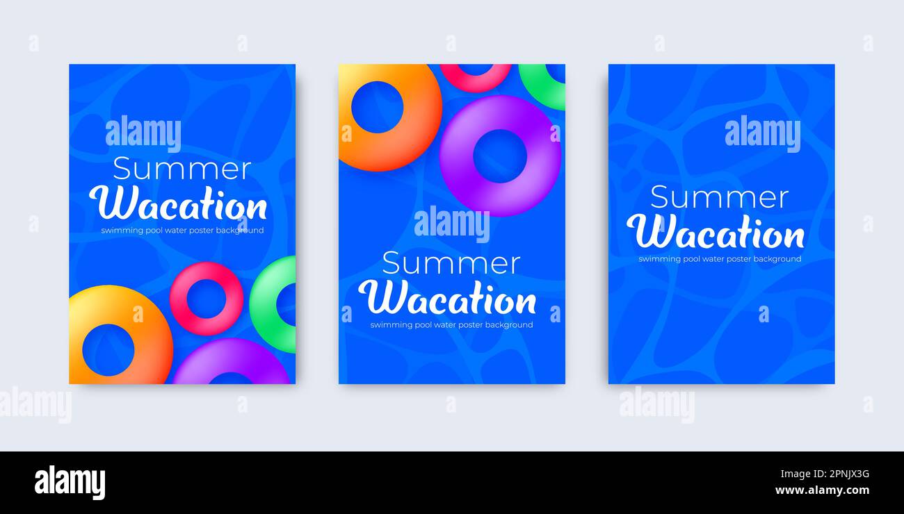 Pool blue water surface, summer vacation poster set. Aqua ripple ...