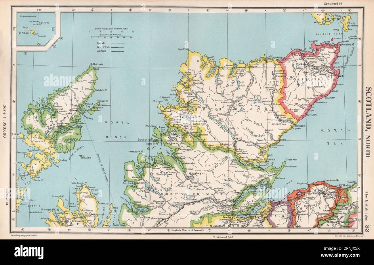 SCOTTISH HIGHLANDS. Scotland North. BARTHOLOMEW 1952 old vintage map ...