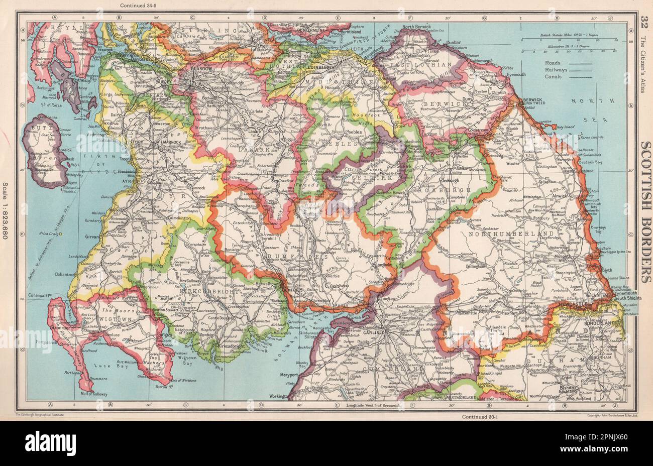 SCOTTISH BORDERS. Scotland south. BARTHOLOMEW 1952 old vintage map plan ...