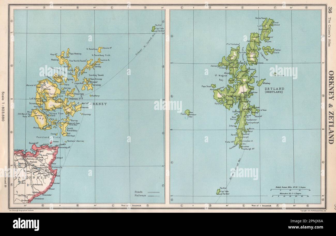 SCOTLAND. Orkney & Zetland Shetland Islands. BARTHOLOMEW 1952 old ...