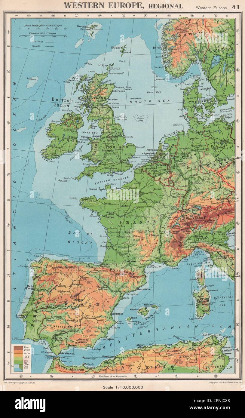 WESTERN EUROPE. Physical & main railways. BARTHOLOMEW 1952 old vintage ...
