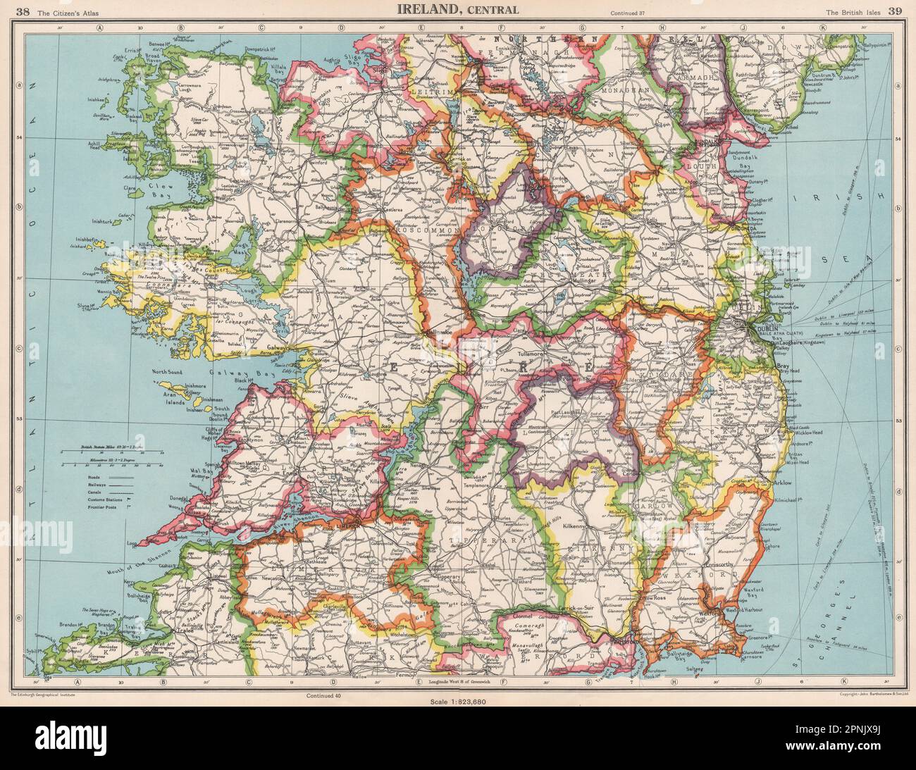 IRELAND CENTRAL. Connaught & Leinster. Eire. BARTHOLOMEW 1952 old ...