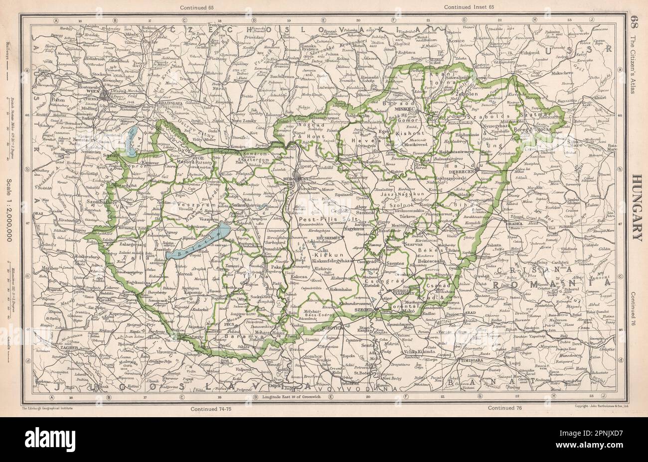 HUNGARY. Showing counties/megyék/megye/megyek. BARTHOLOMEW 1952 old map ...