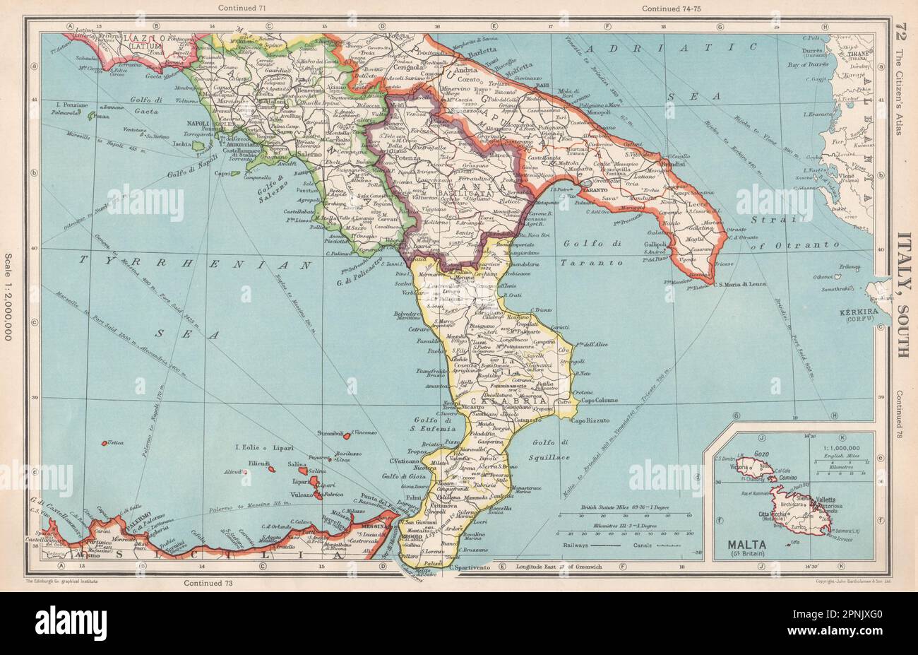 ITALY SOUTH. Calabria Campania Lucania Puglia. inset Malta. BARTHOLOMEW ...