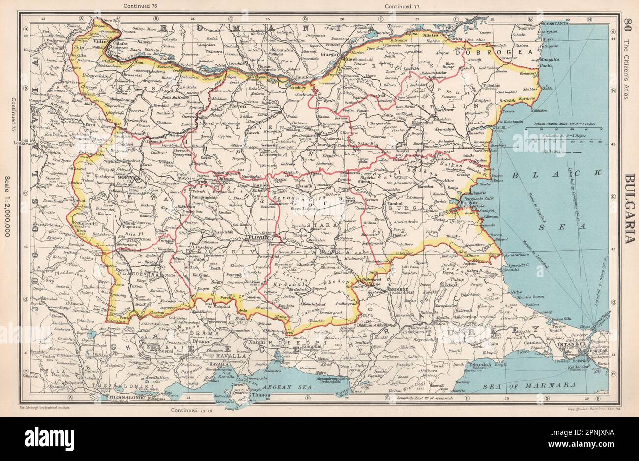 BULGARIA. Showing okrugs/okrags. BARTHOLOMEW 1952 old vintage map plan ...