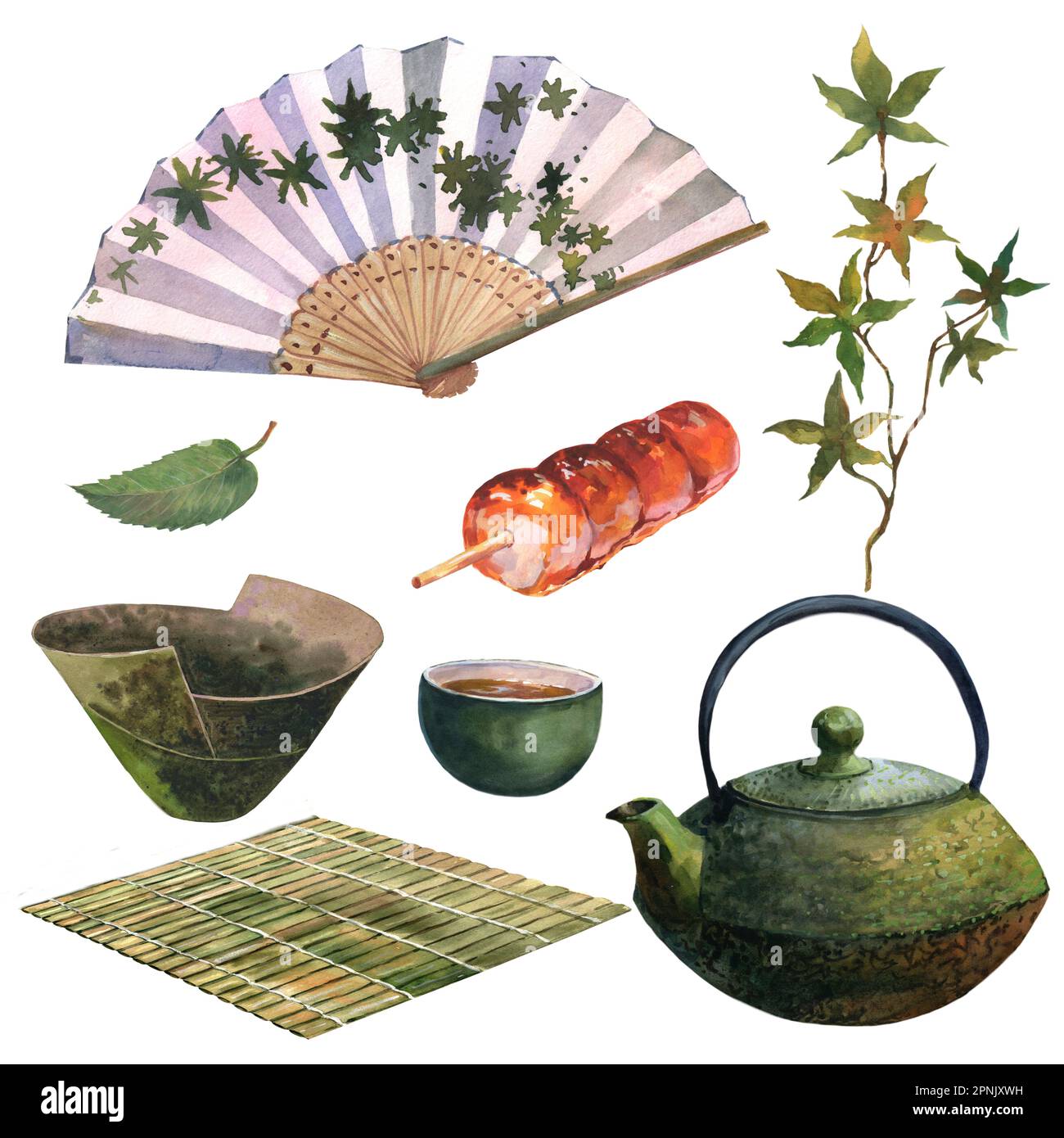 Watercolor asian tea set with dack green teapot, green cup of tea ...