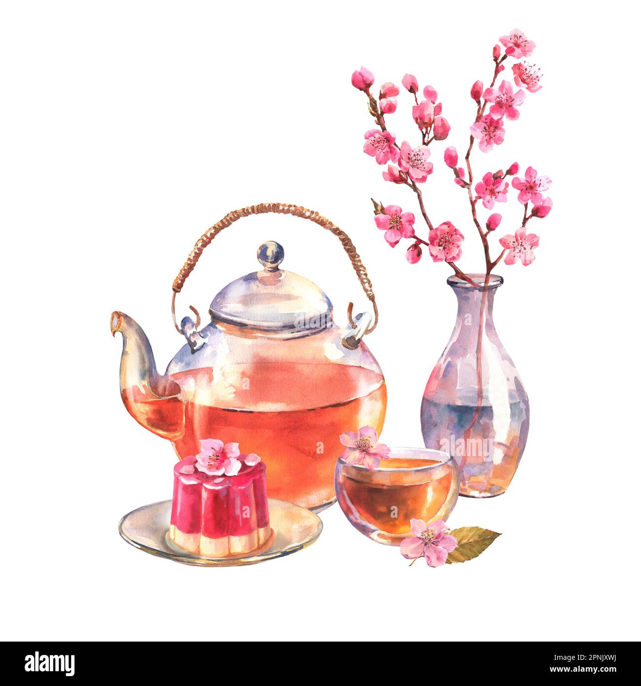 Watercolor asian tea composition with transparent teapot, cup of tea ...