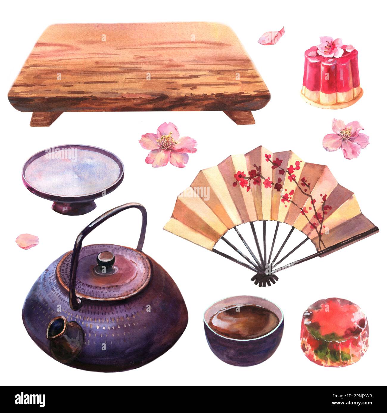 Watercolor asian tea set with dack purple teapot, cup of tea, branch of ...