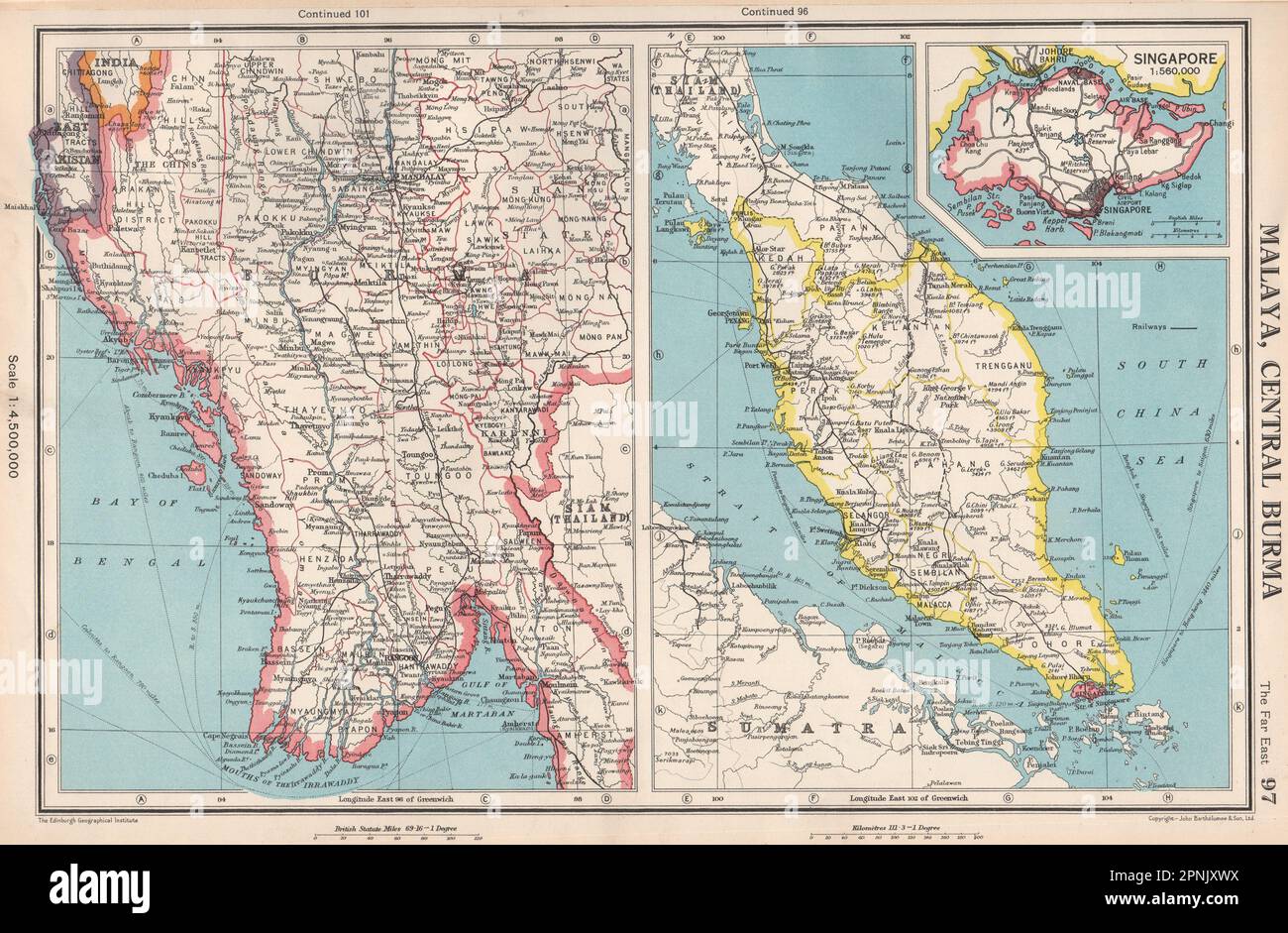 MALAYA & CENTRAL BURMA. inset Singapore. BARTHOLOMEW 1952 old vintage ...