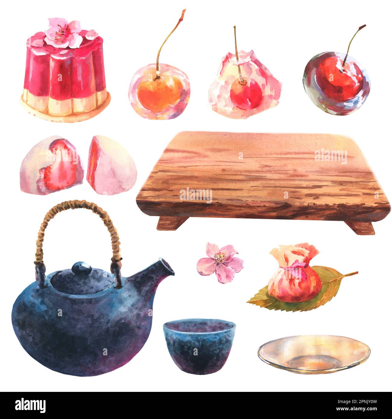 Watercolor illustration, japan tasty set, tea ceremony, dark blue ...
