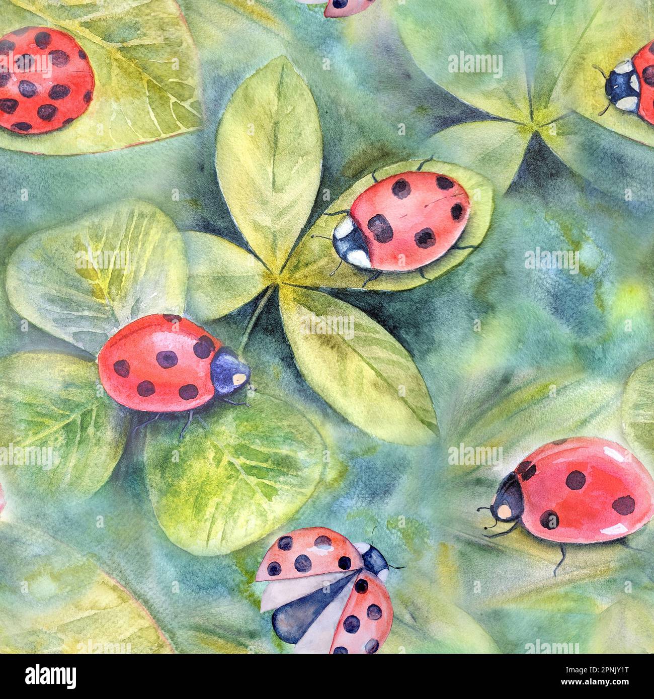 Seamless watercolor botanical summer pattern with colorful ladybugs ...