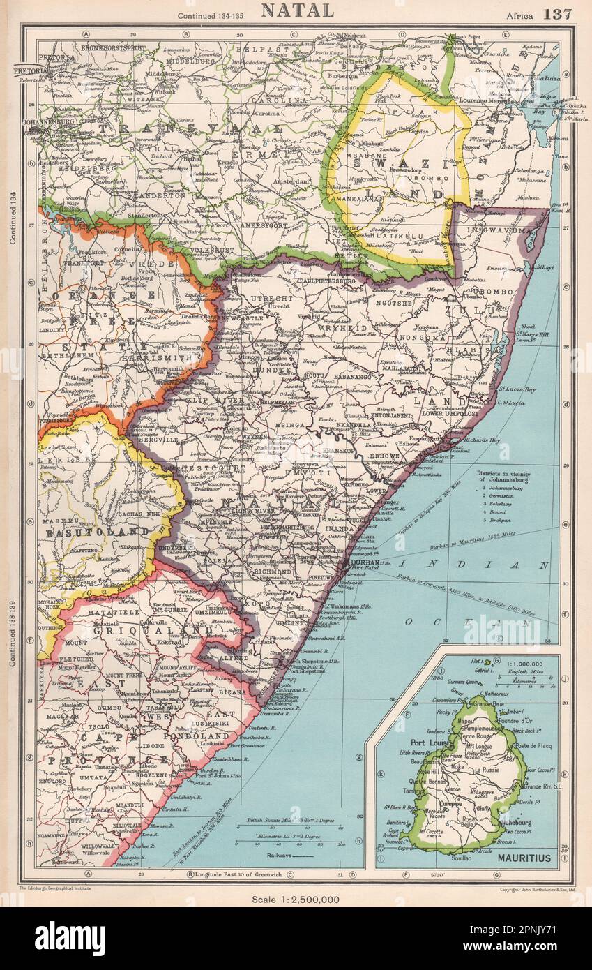 NATAL & SWAZILAND. inset Mauritius. South Africa. BARTHOLOMEW 1952 old ...