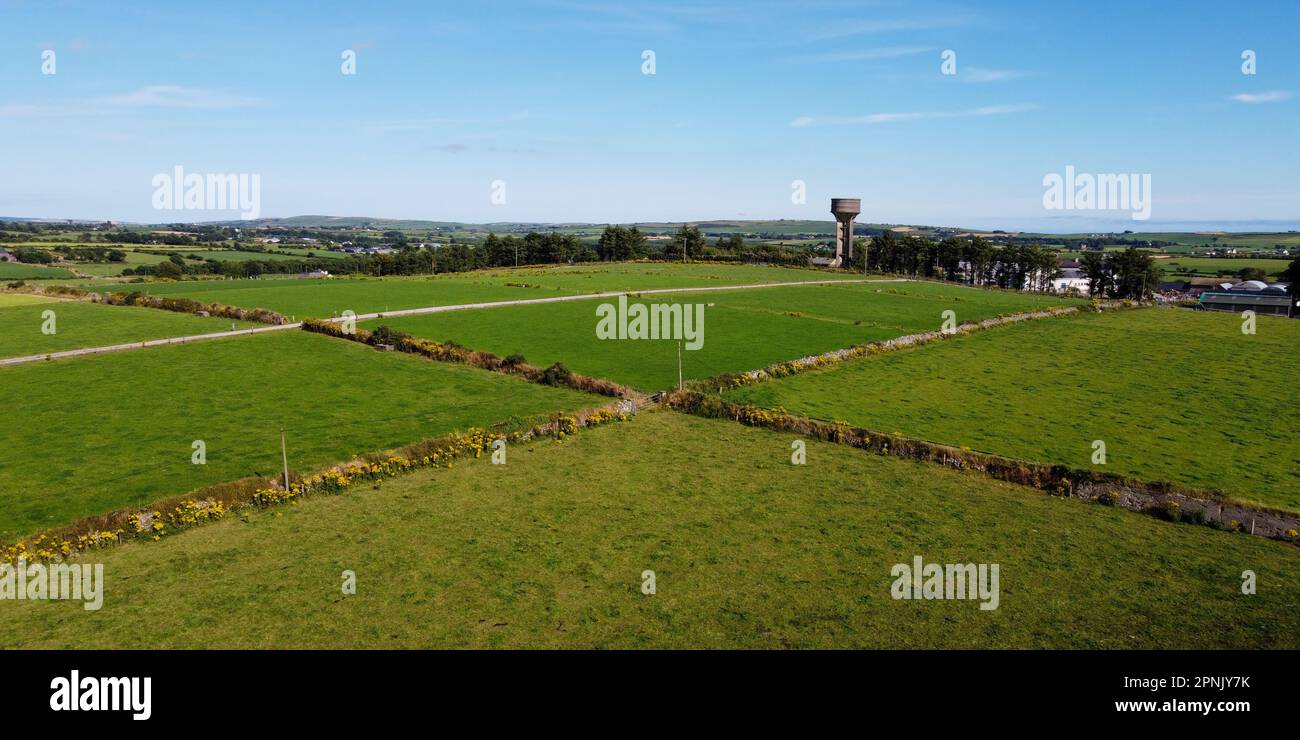 Green fields separated by shrubs, top view. Cattle pastures in the ...