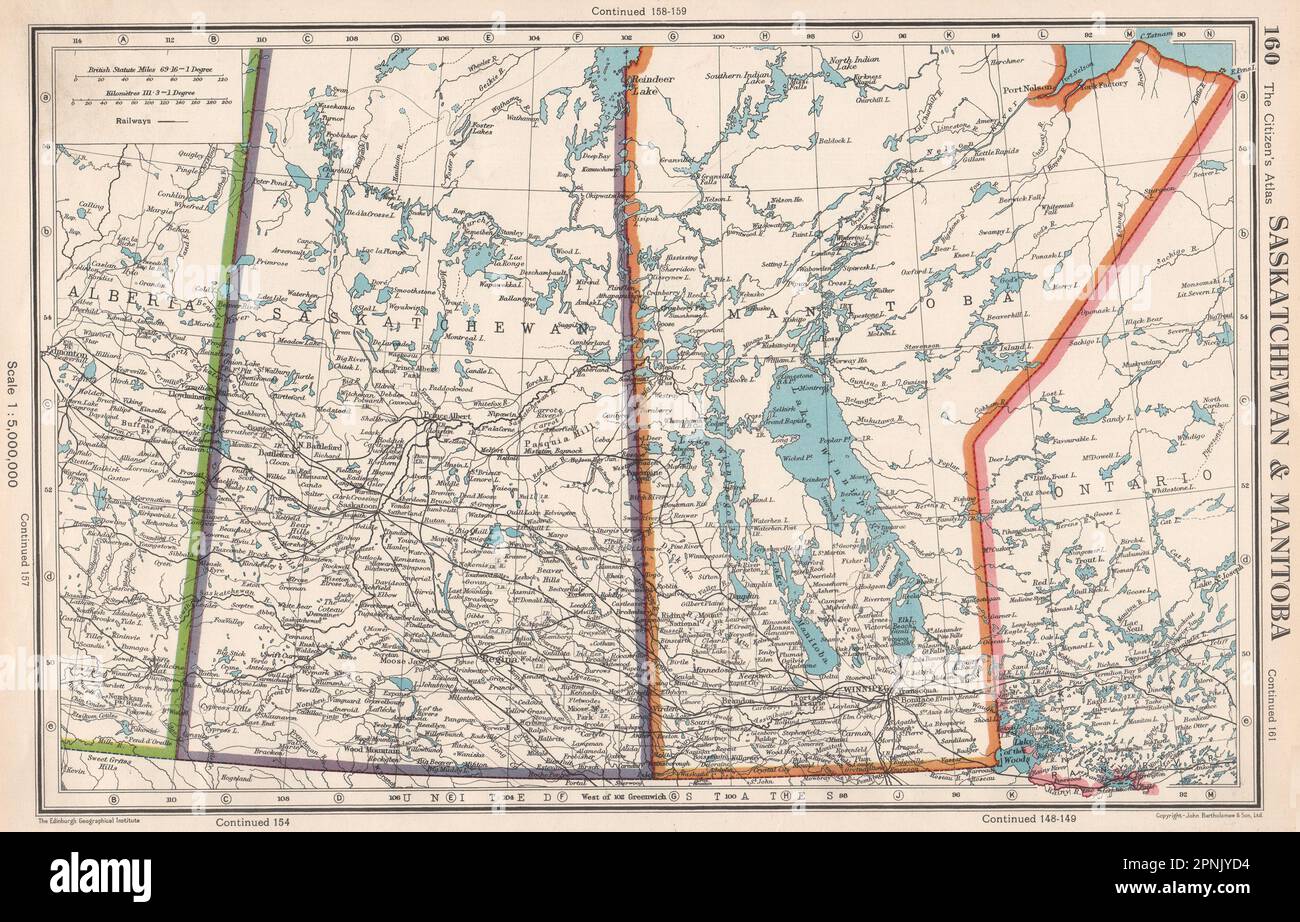 SASKATCHEWAN & MANITOBA. provinces. Canada. Railways. BARTHOLOMEW 1952 ...