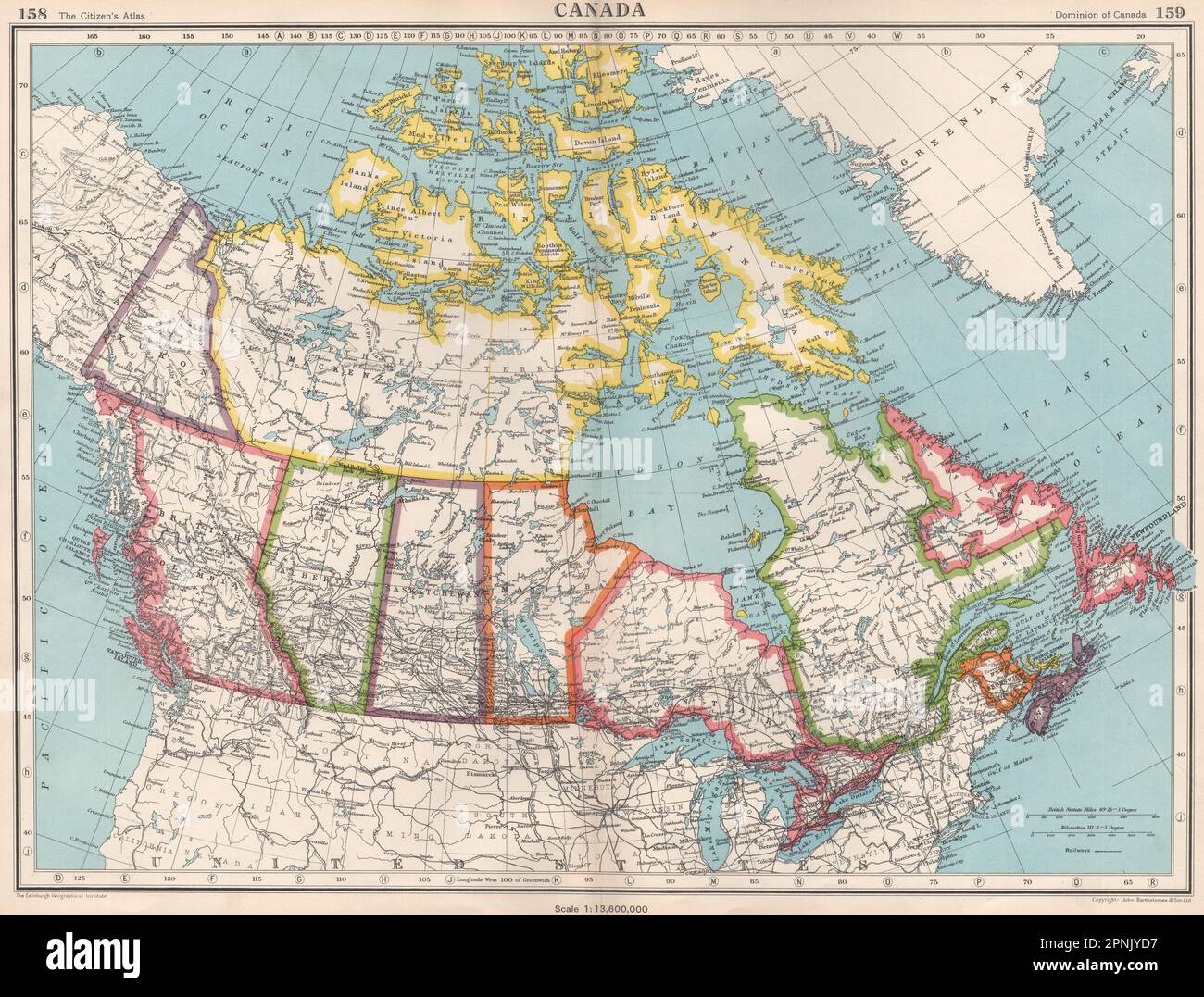 CANADA. showing provinces & railways. BARTHOLOMEW 1952 old vintage map ...