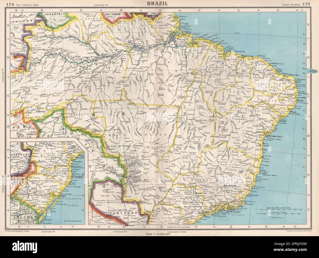 BRAZIL. also Paraguay. BARTHOLOMEW 1952 old vintage map plan chart ...