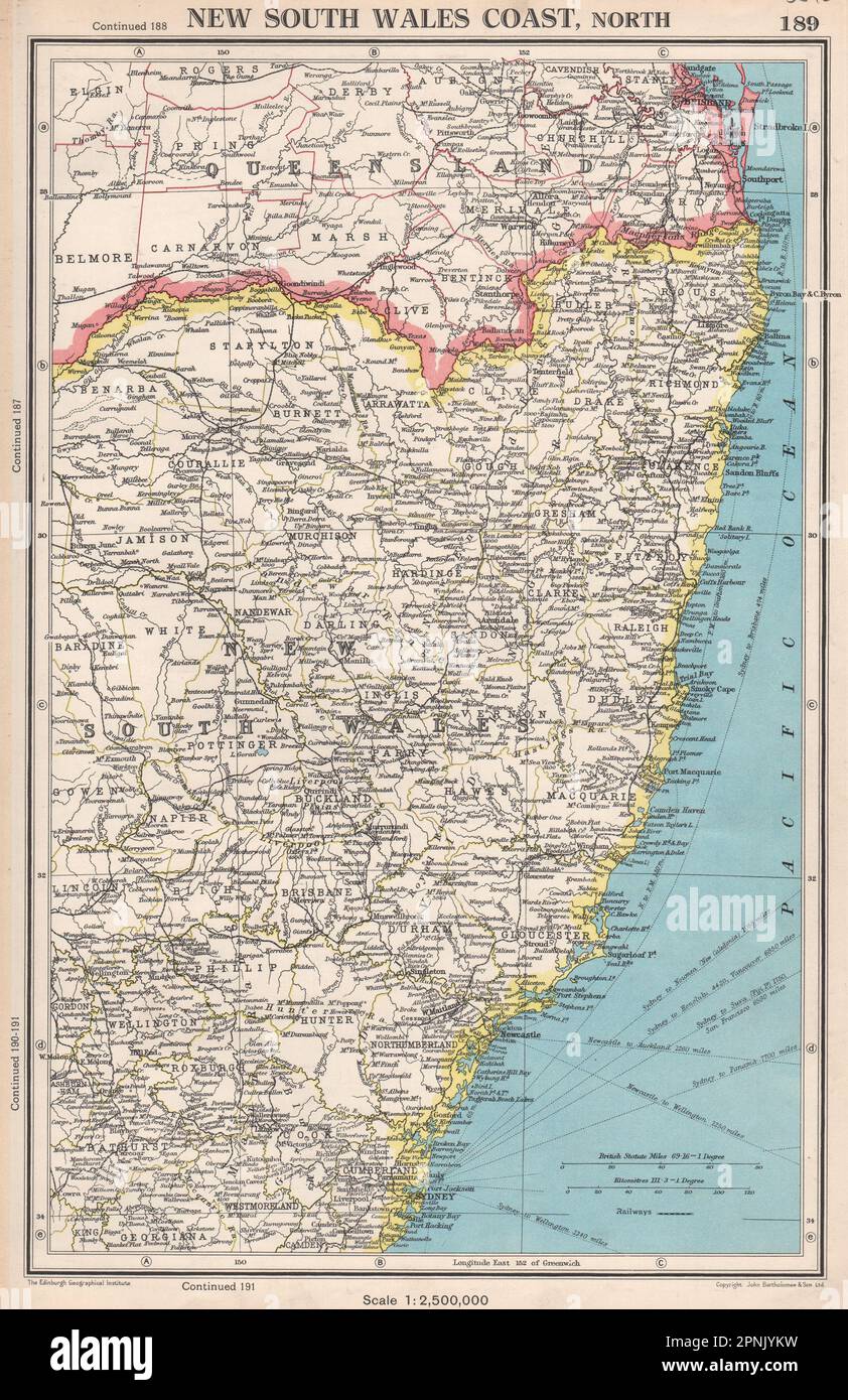 NEW SOUTH WALES COAST, NORTH. showing counties. BARTHOLOMEW 1952 old ...