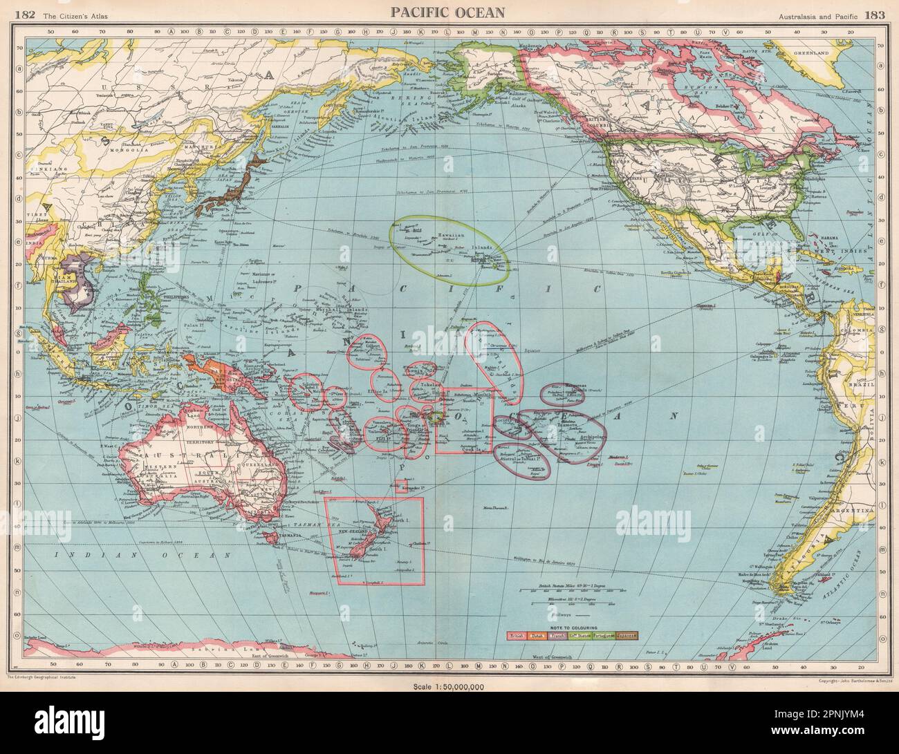 PACIFIC OCEAN.Showing post WW2 colonies.British US French.BARTHOLOMEW ...