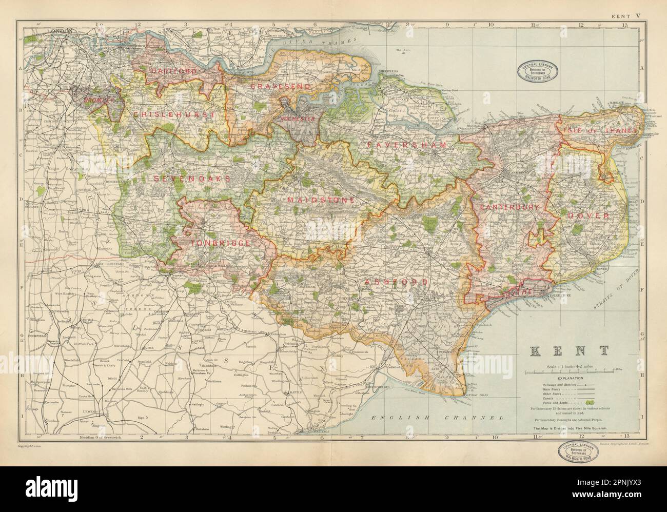 KENT. Showing Parliamentary divisions, parks & boroughs. BACON 1934 old ...