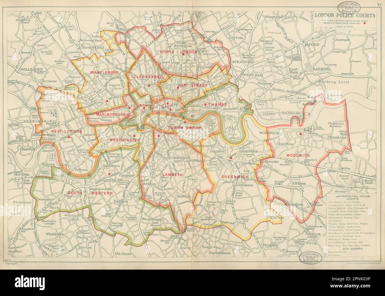 LONDON POLICE COURTS with divisions & court locations. BACON 1934 old ...