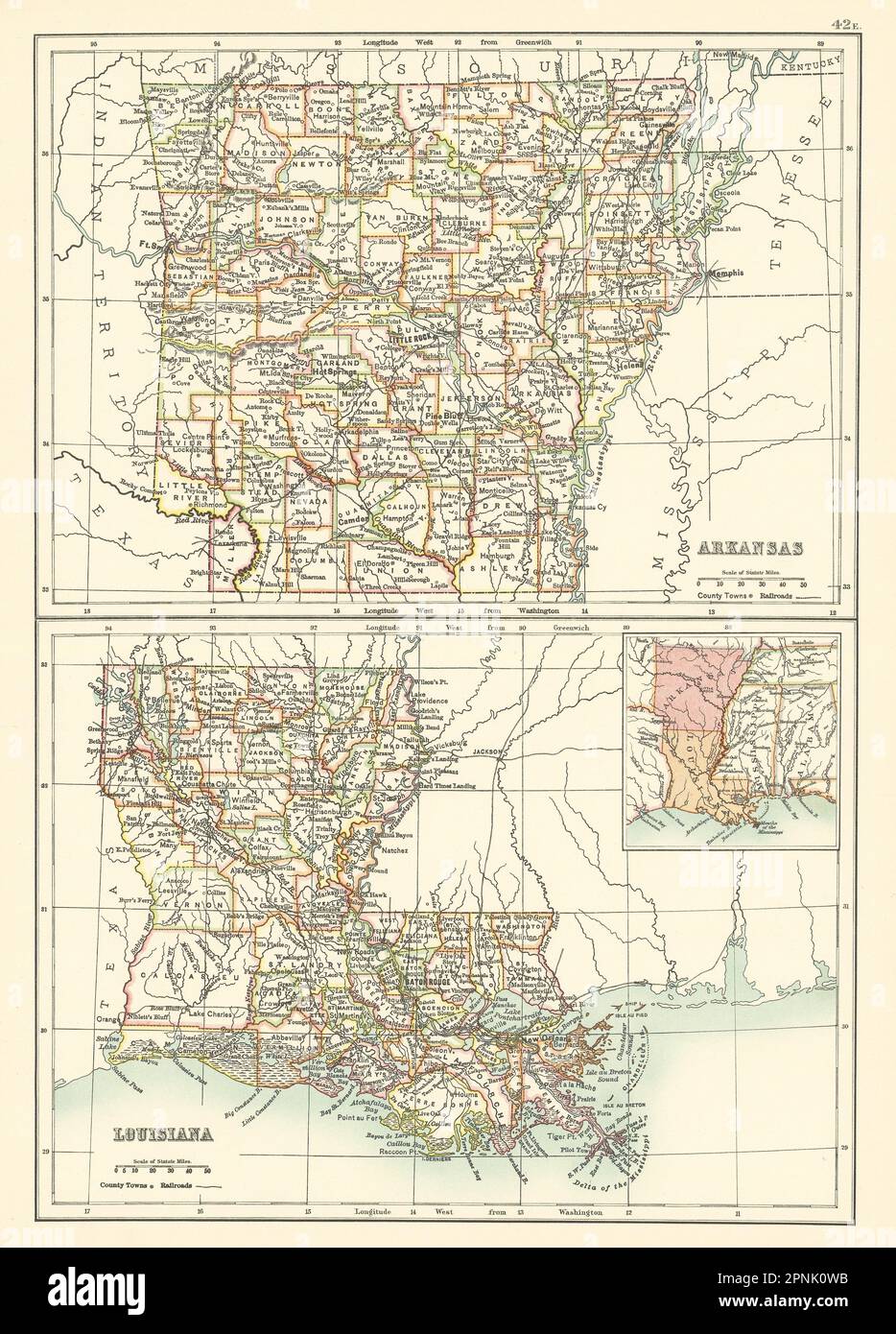 Louisiana and Arkansas state maps showing parishes/counties ...