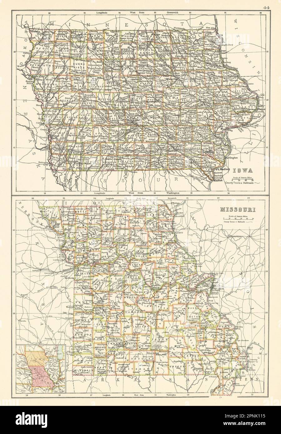 Iowa and Missouri state maps showing counties. BARTHOLOMEW 1898 old ...