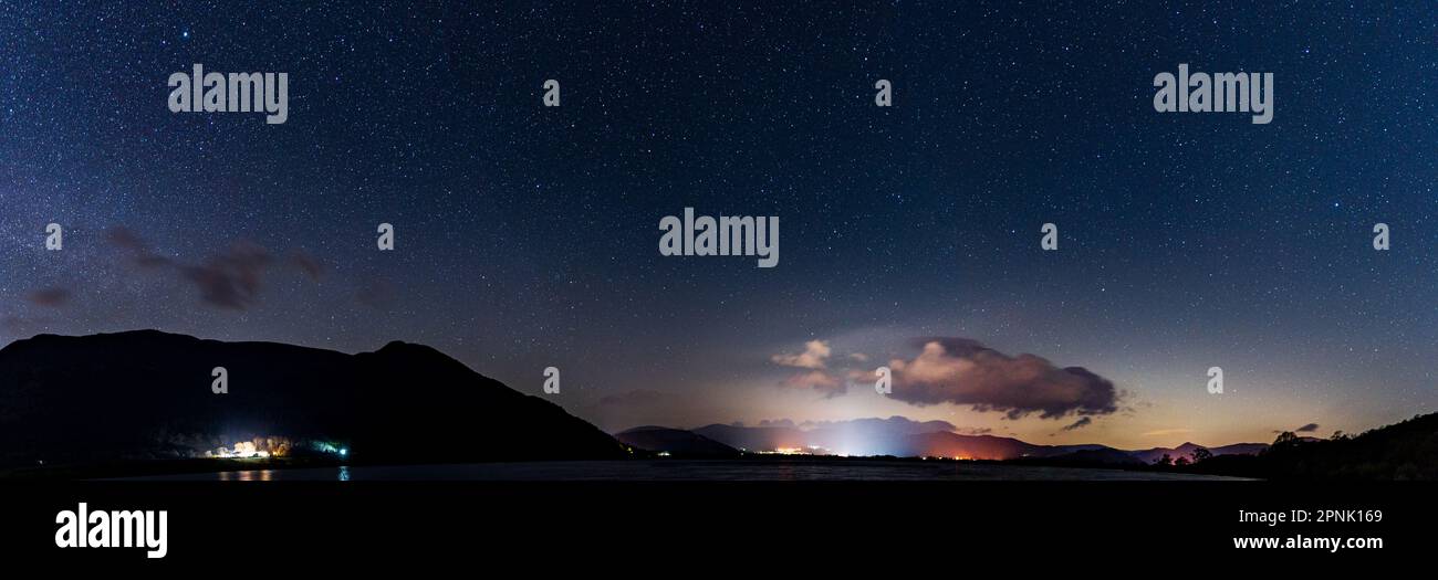A panoramic night view of the night sky looking over Bassenthwaite lake ...