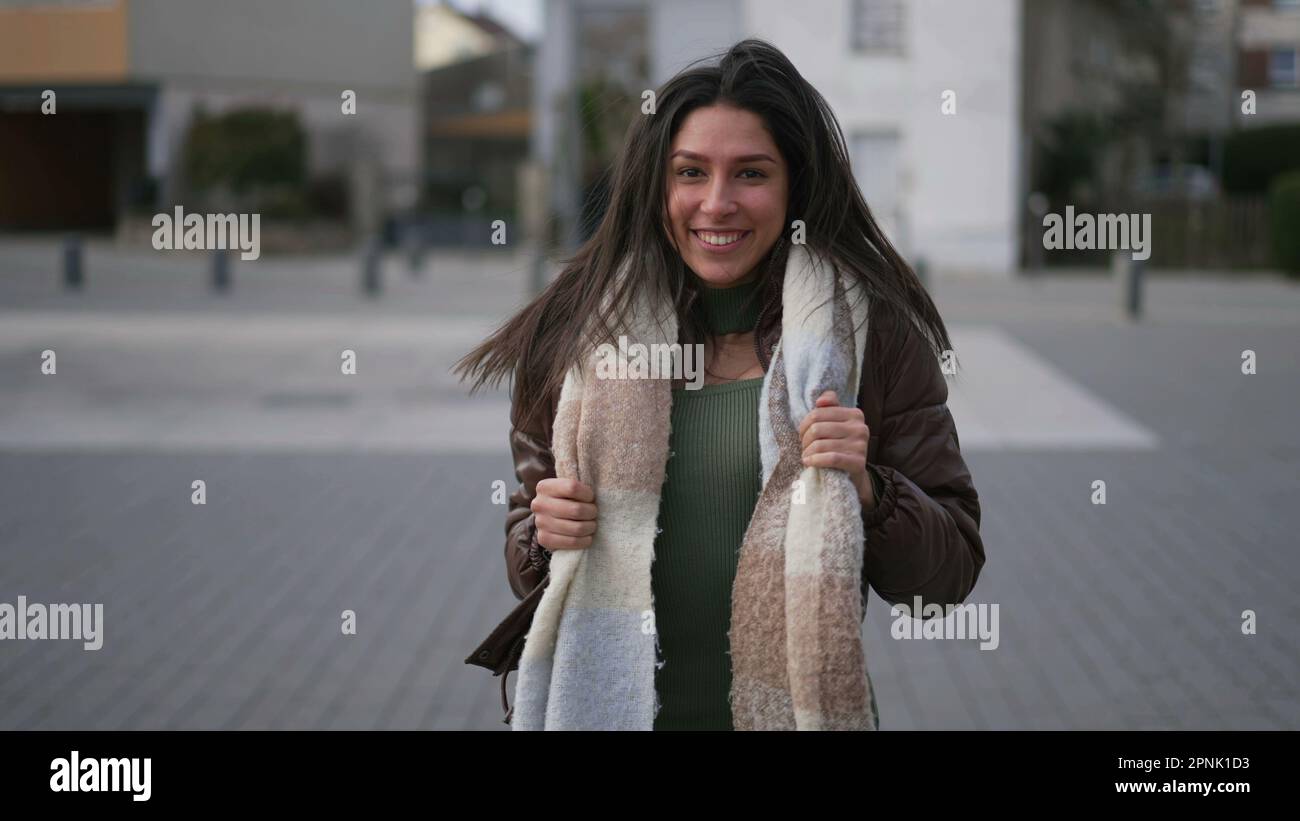 One beautiful Happy brunette adult girl turns head in slow motion while ...