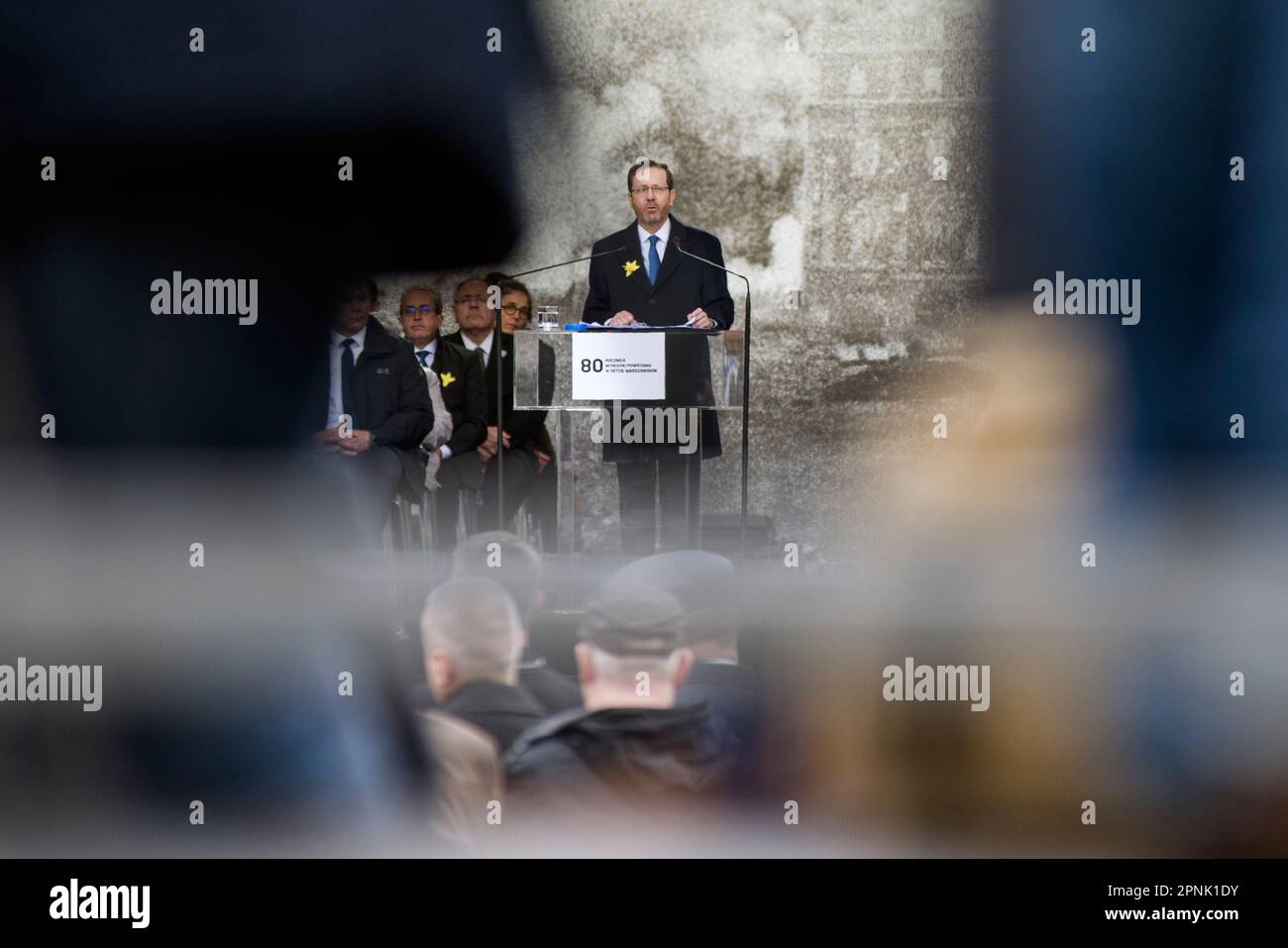 The Israeli President, Isaac Herzog gives a speech during the ceremony ...