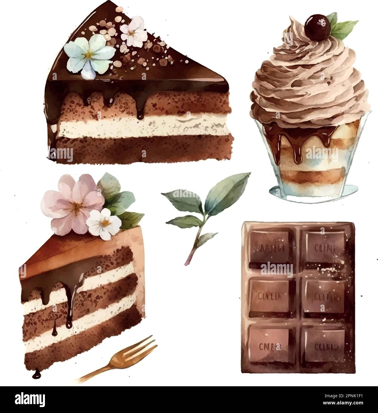 Slice of chocolate cake. Sketch watercolor style. Vector illustration ...