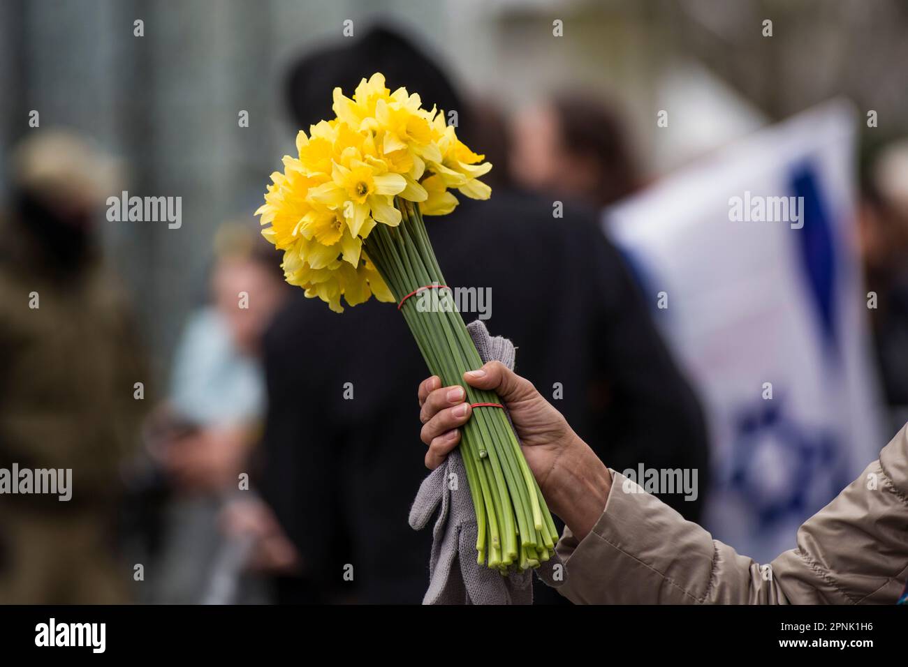 Participant seen holding daffodils as a symbol of the Ghetto Uprising ...
