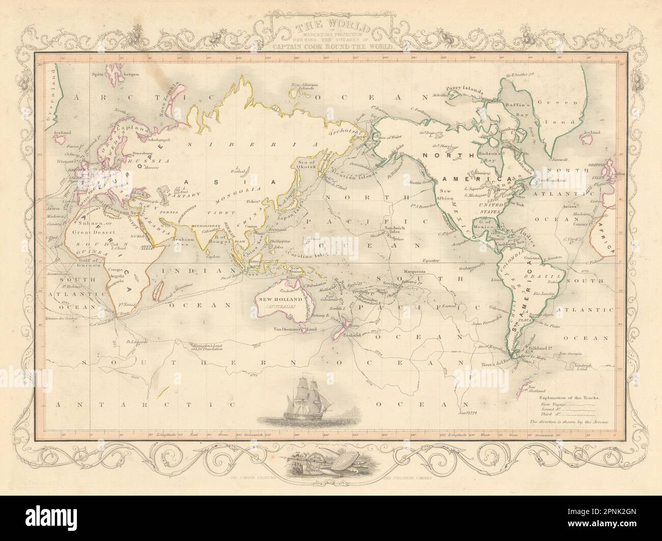 THE WORLD. 'Shewing the voyages of Captain Cook'. TALLIS/RAPKIN 1851 ...