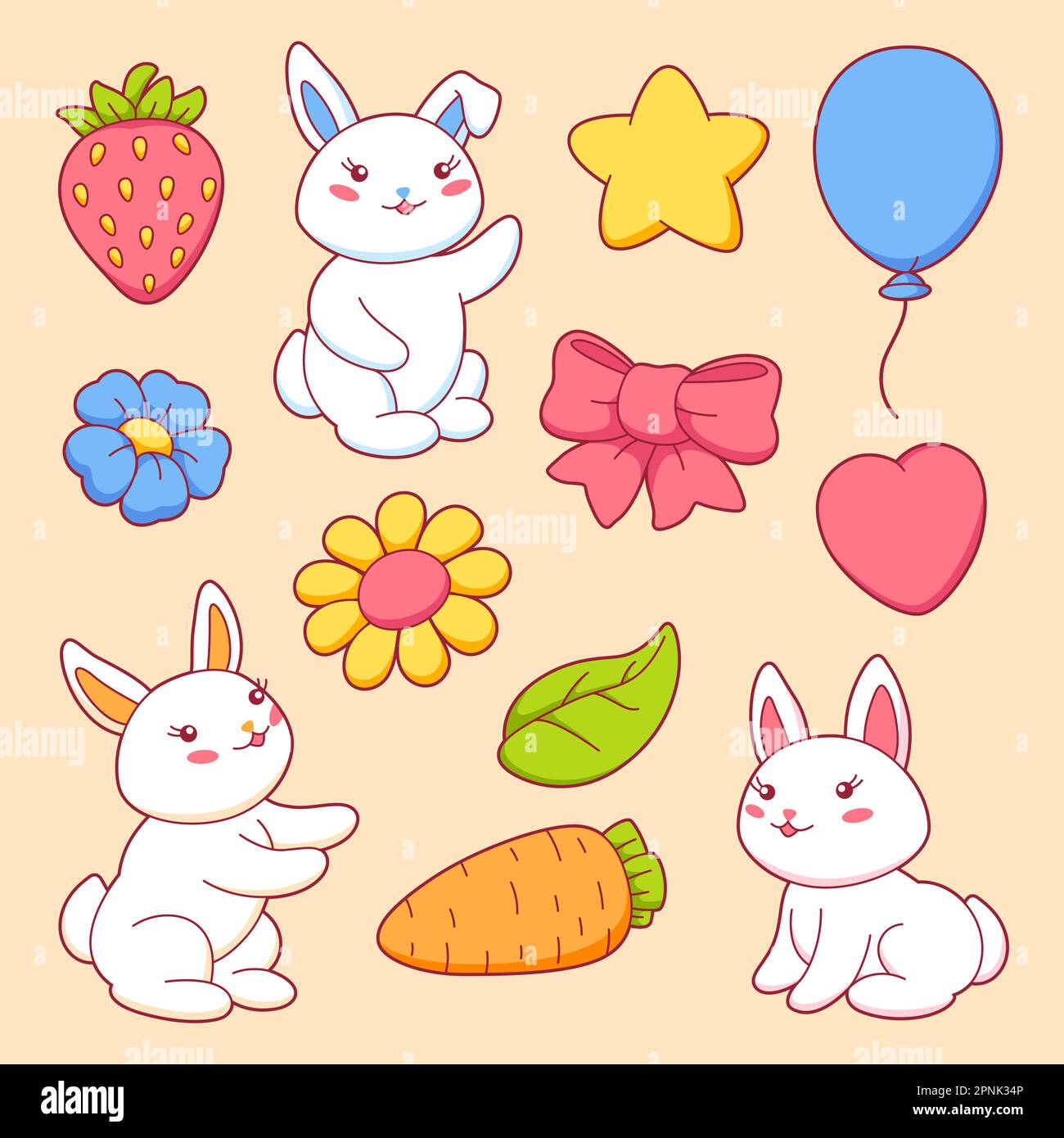 Set of cute kawaii little bunnies. Funny characters and decorations in ...