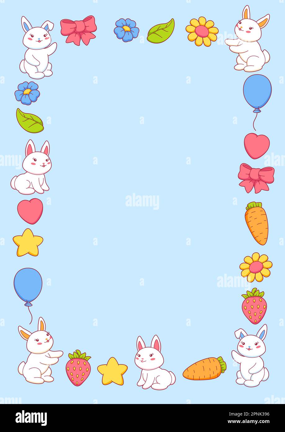 Frame with cute kawaii little bunnies. Funny characters and decorations ...
