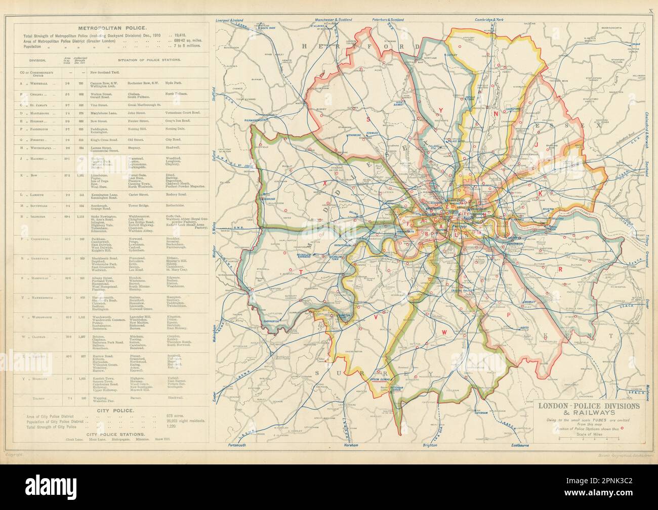 LONDON POLICE DIVISIONS & RAILWAYS showing Police stations. BACON 1913 ...