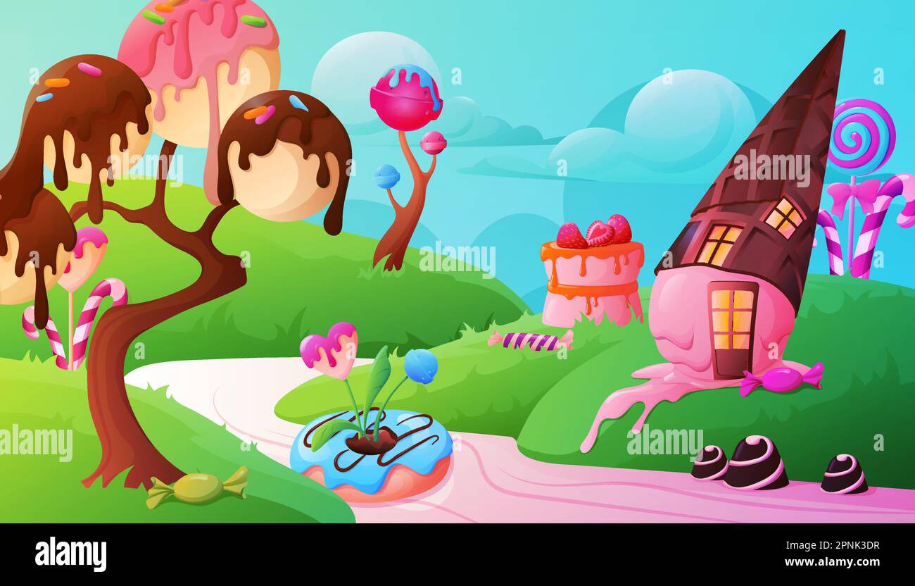 Candy caramel land landscape cartoon background with chocolate sweets ...