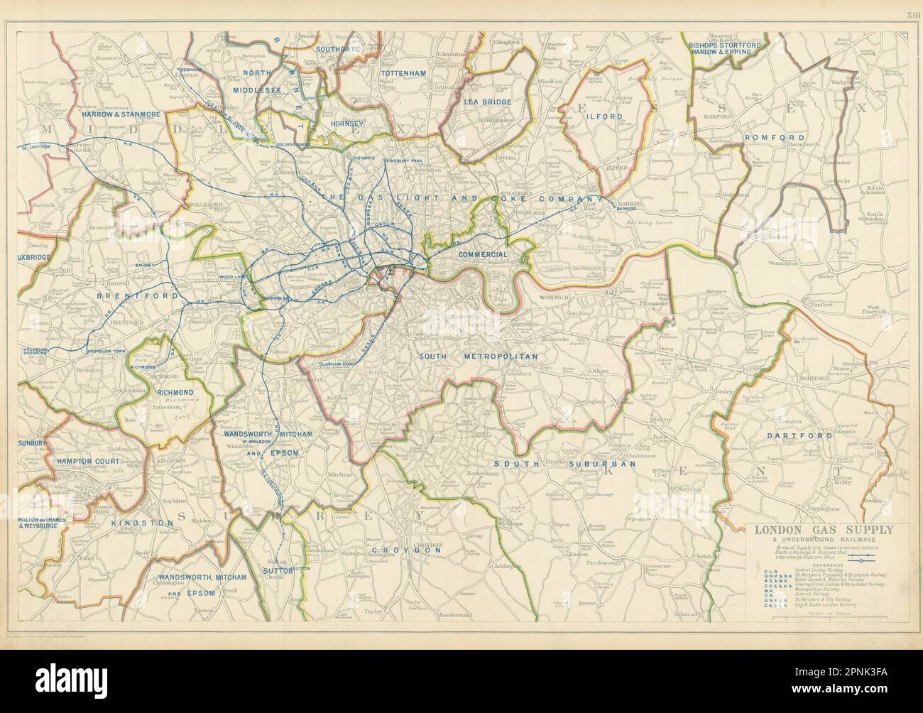 LONDON GAS SUPPLY areas + UNDERGROUND/Tube & electrified railways.BACON ...