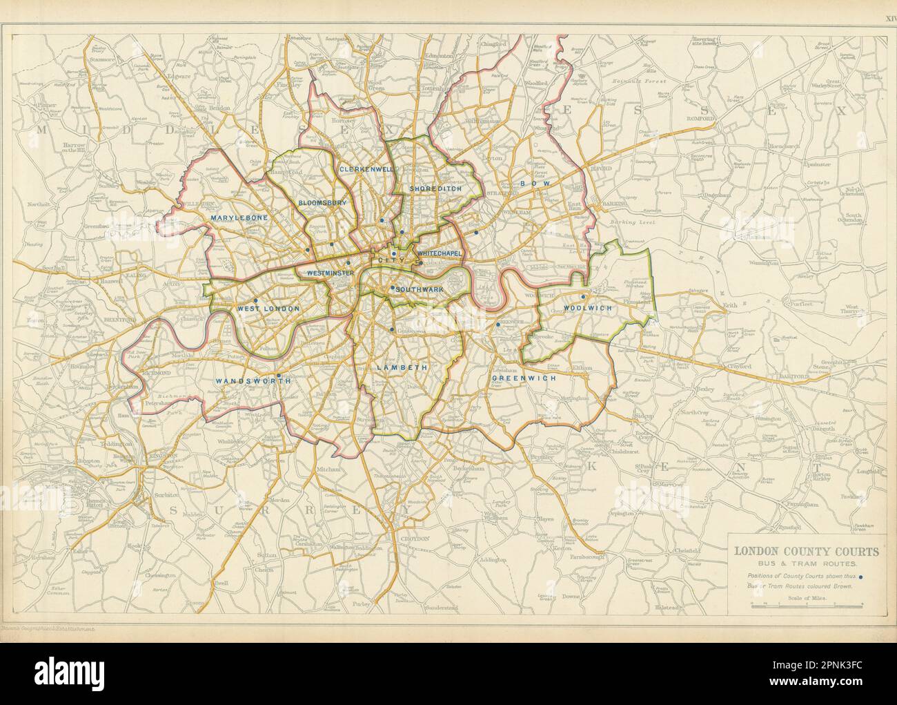 LONDON COUNTY COURTS + BUS & TRAM ROUTES. Vintage map. BACON 1913 old ...